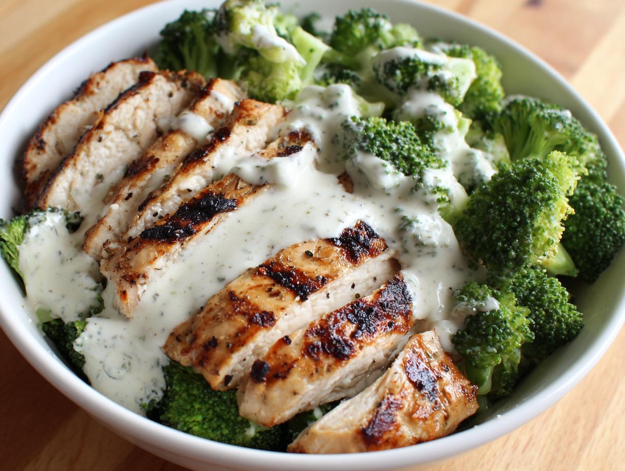 30 Min Grilled Chicken Broccoli Bowls With Creamy Garlic Sauce