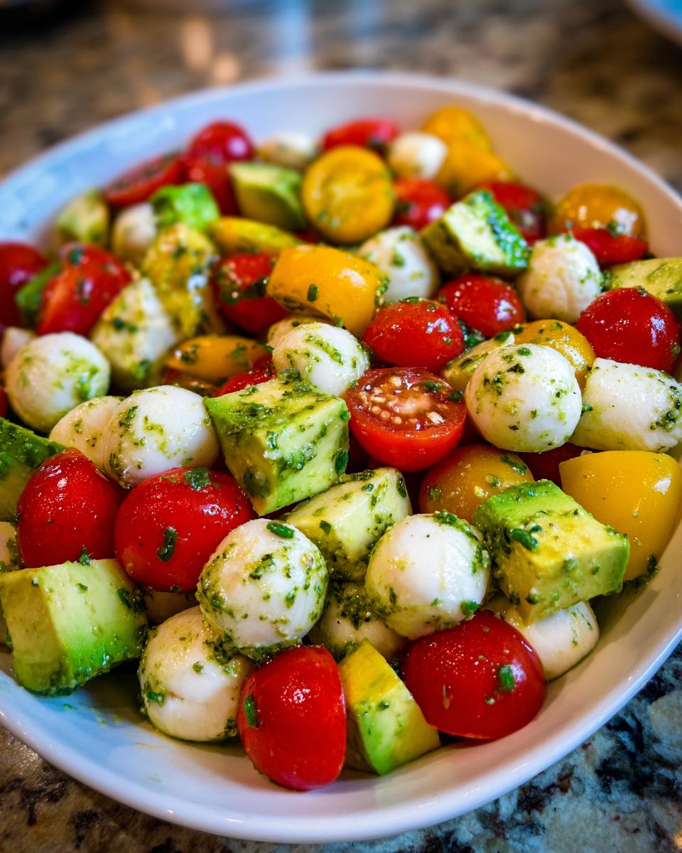 Amazing 10-Min Avocado Tomato Mozzarella Basil Pesto Salad