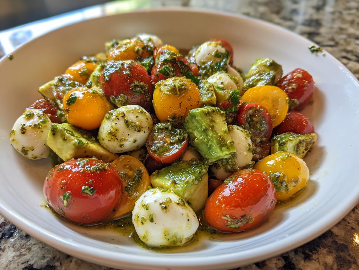 Amazing 10-Min Avocado Tomato Mozzarella Basil Pesto Salad